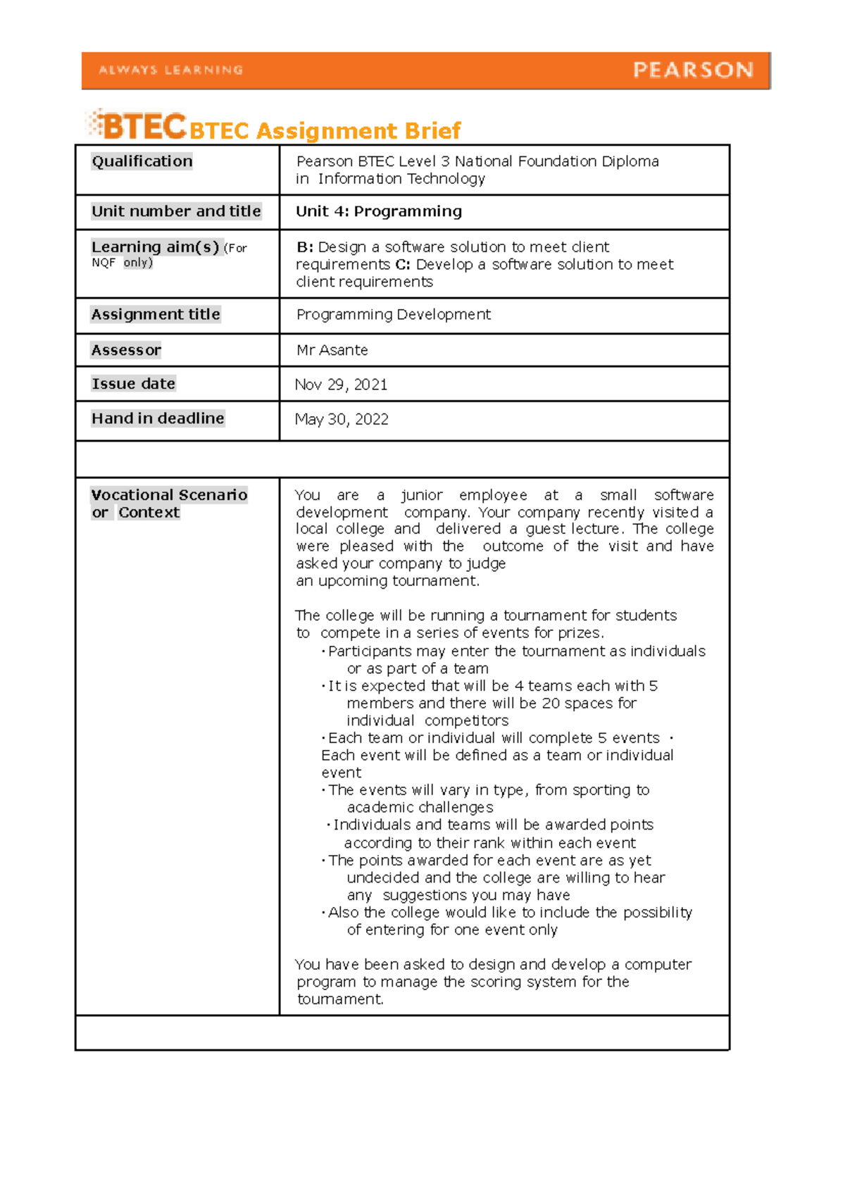 BTEC Level 3 Diploma IT - Unit 4 Programming Assignment Brief B&C - Studocu