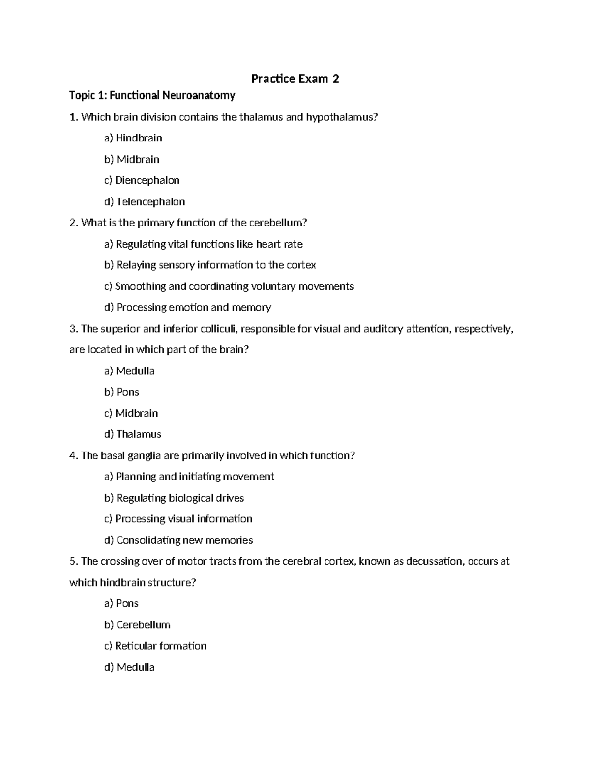 PYB102 Practice Multi-Choice Exam: Neuroanatomy & Cognitive Processes ...