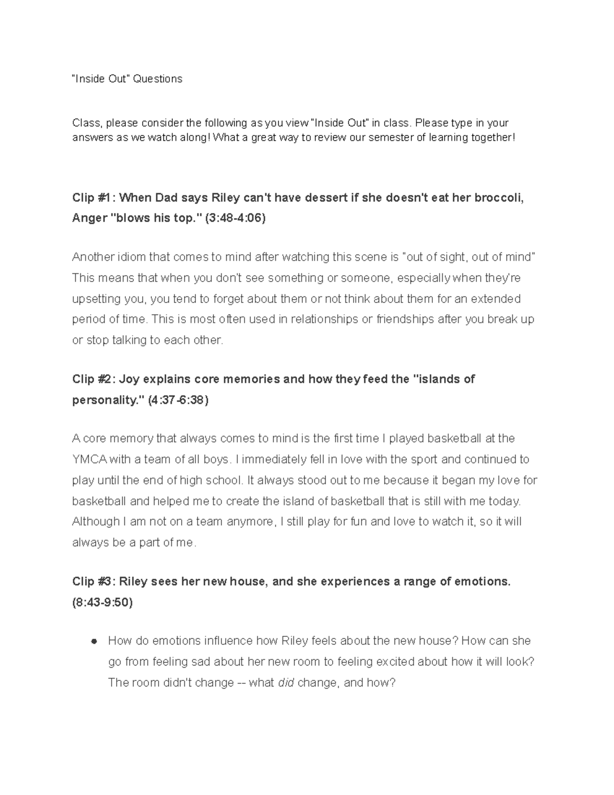 “Inside Out” Questions for Class Discussion and Reflection - Studocu