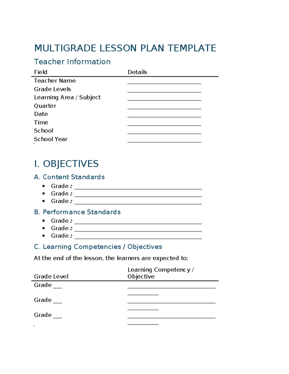 Editable Multigrade Lesson Plan Template for Teachers - Studocu