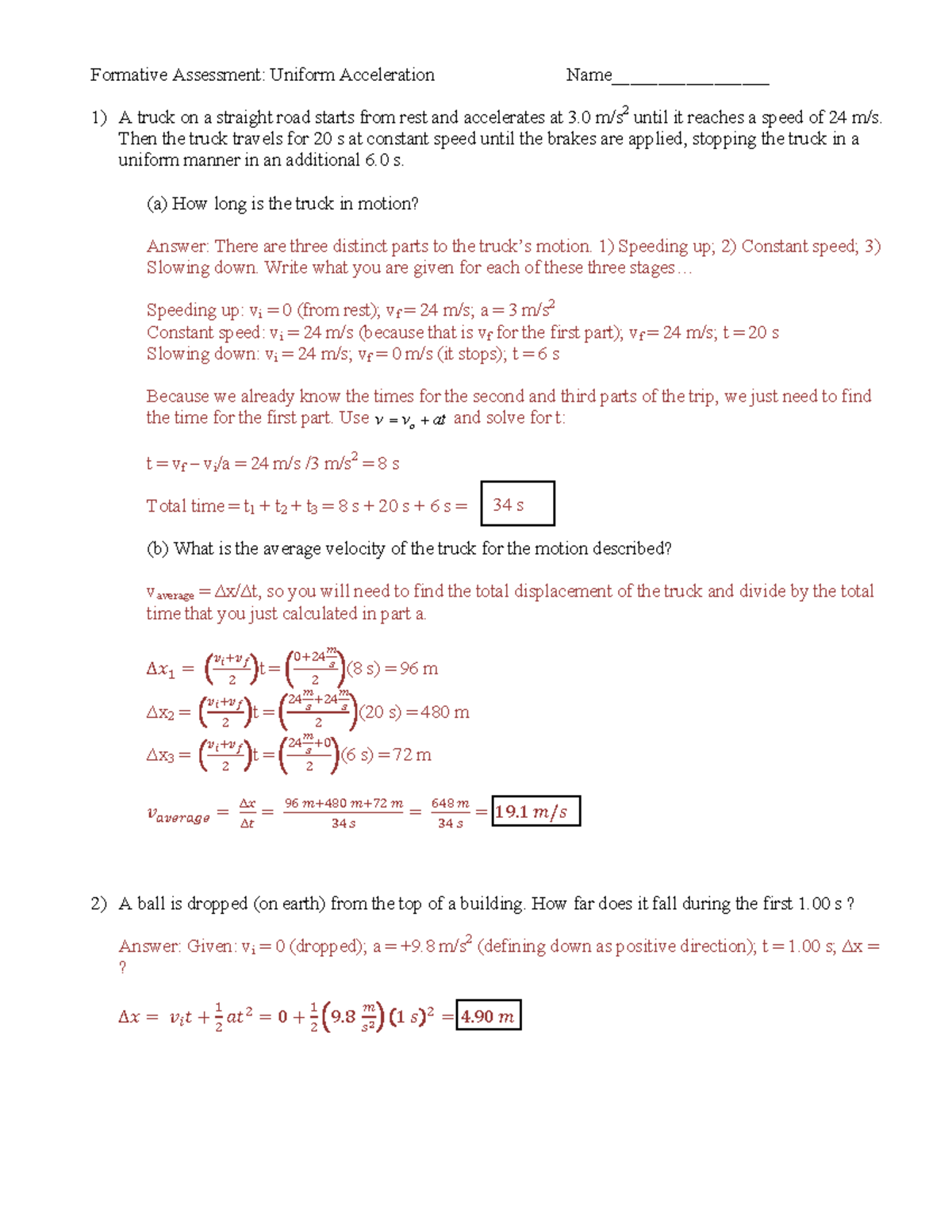 Formative Assessment: Kinematics of Uniform Acceleration (PHYS 101 ...
