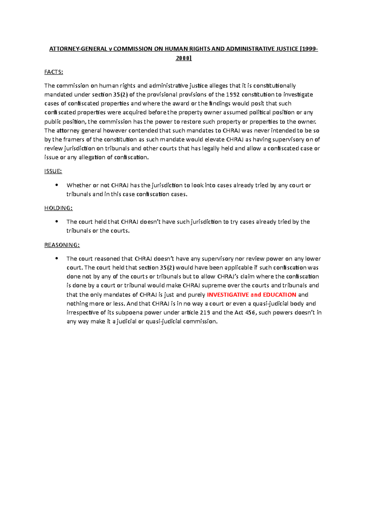 Attorney-General v CHRAJ: Jurisdiction on Confiscation Cases [1999-2000 ...