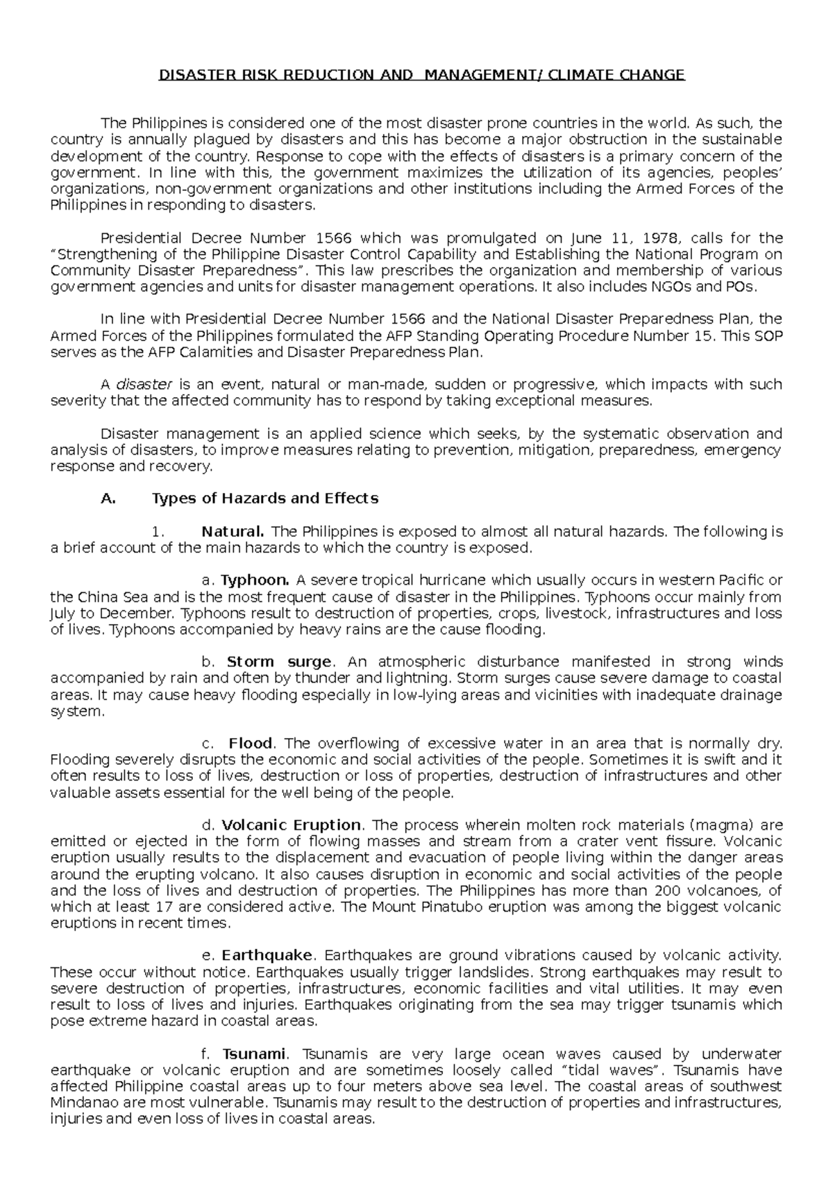 Drrmc Handouts - DISASTER RISK REDUCTION AND MANAGEMENT/ CLIMATE CHANGE ...