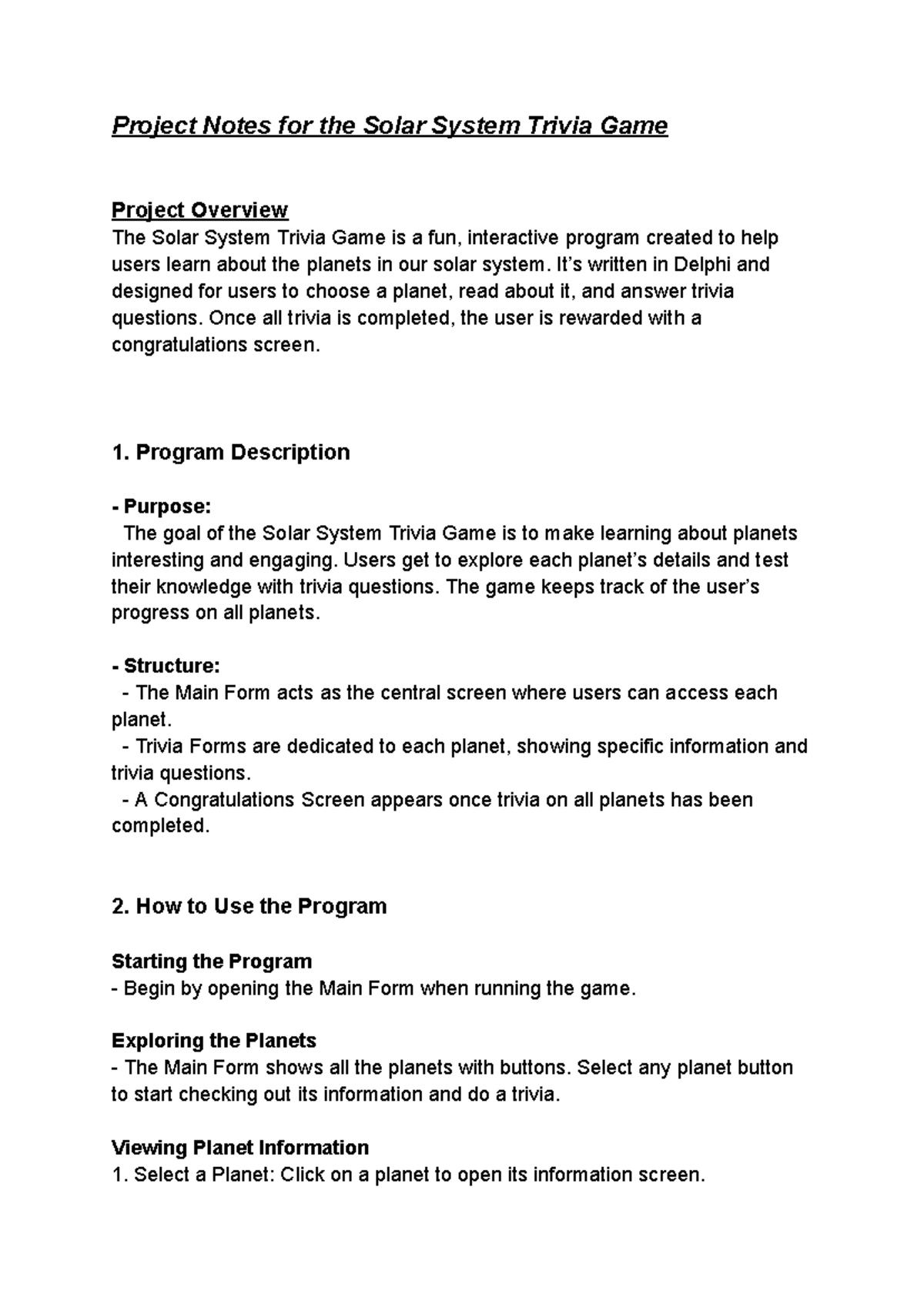 Solar System Trivia Game Project Notes Overview - Studocu