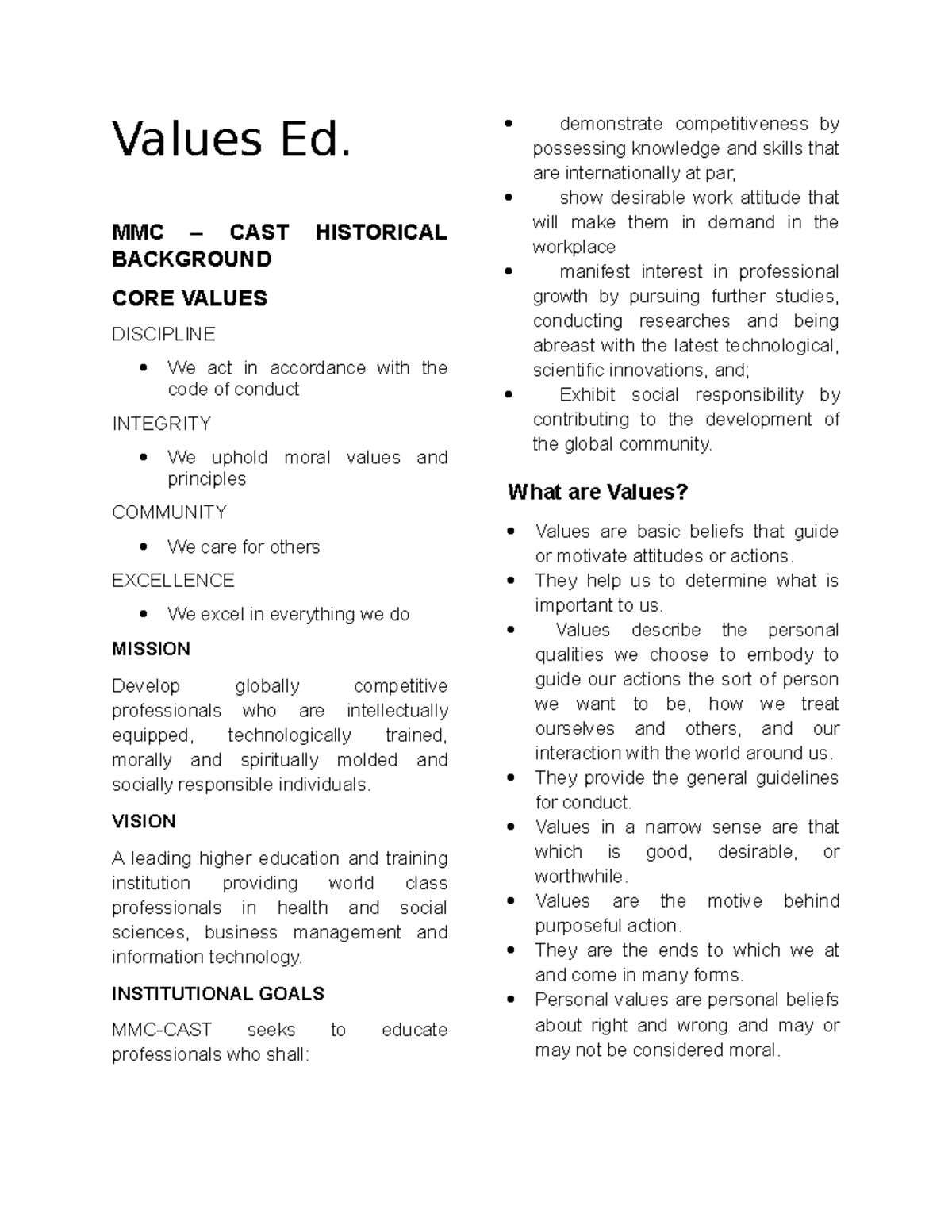 VALUES EDUCATION Reviewer - Values Ed. MMC – CAST HISTORICAL BACKGROUND ...