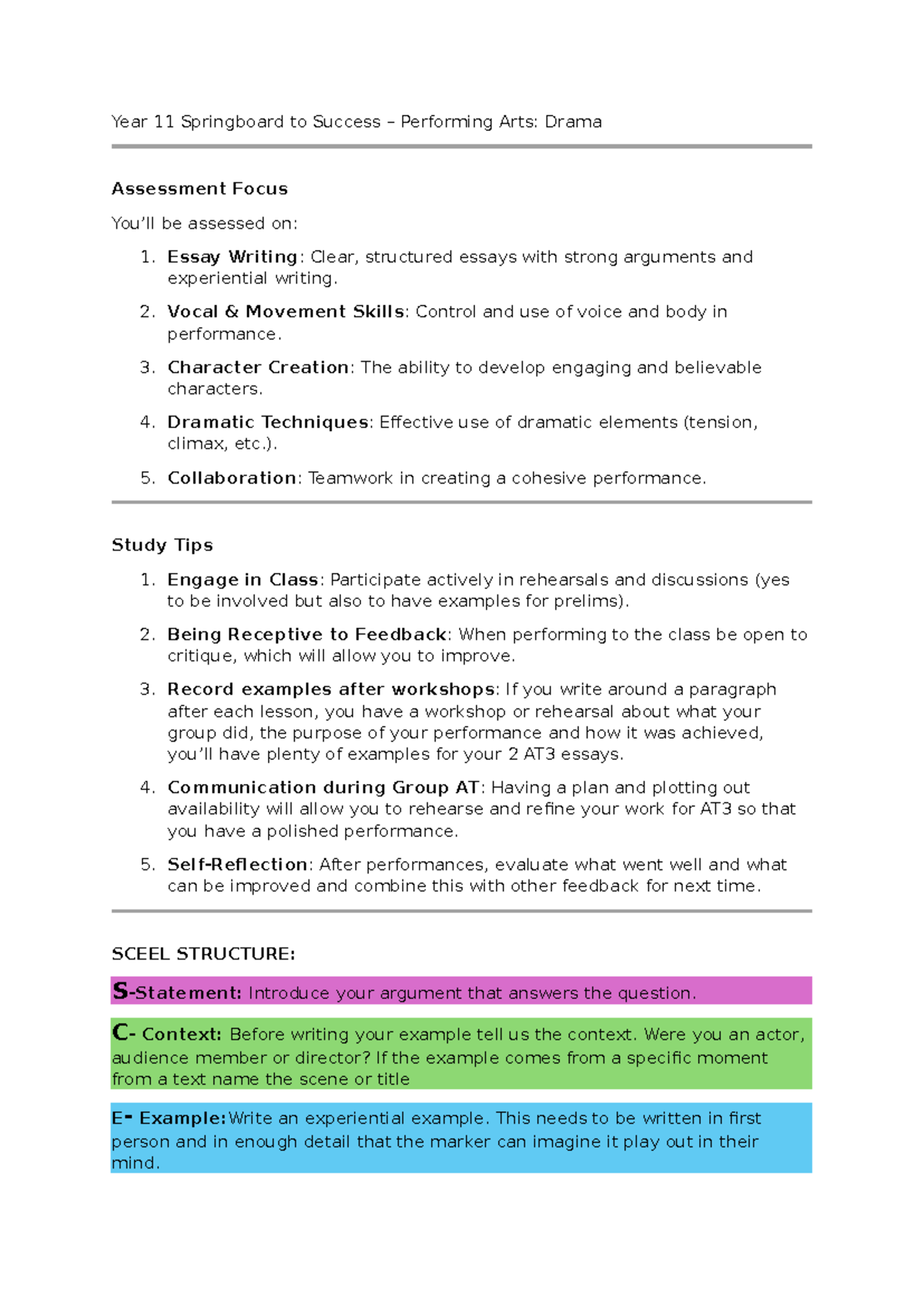 Year 11 Drama Assessment: Springboard to Success Guide - Studocu