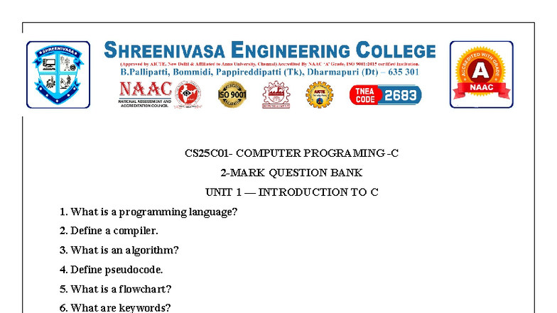 Question Bank for CS25C01: Introduction to C Programming - Studocu