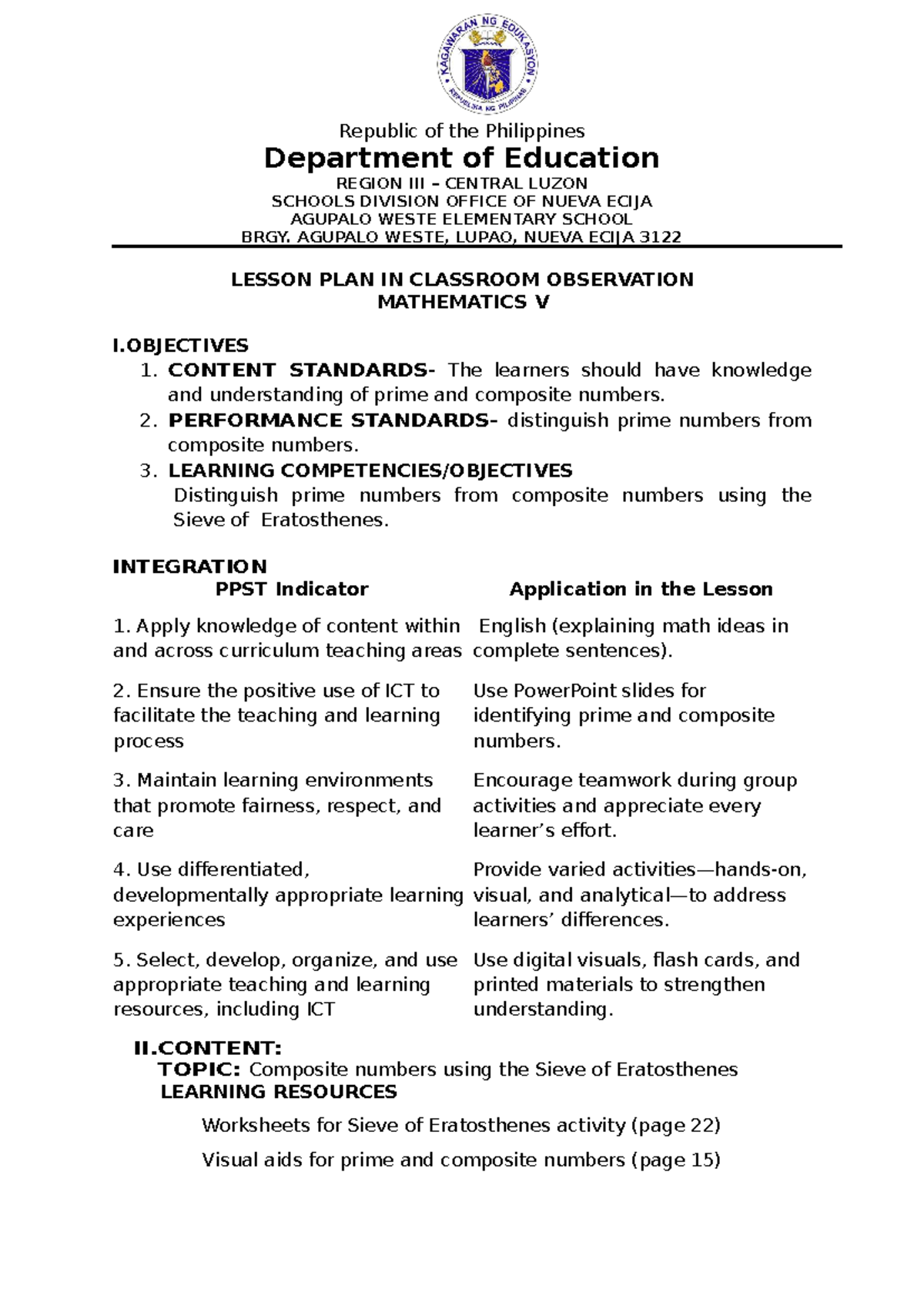 Mathematics Lesson Plan: Prime & Composite Numbers (Grade VI) - Studocu