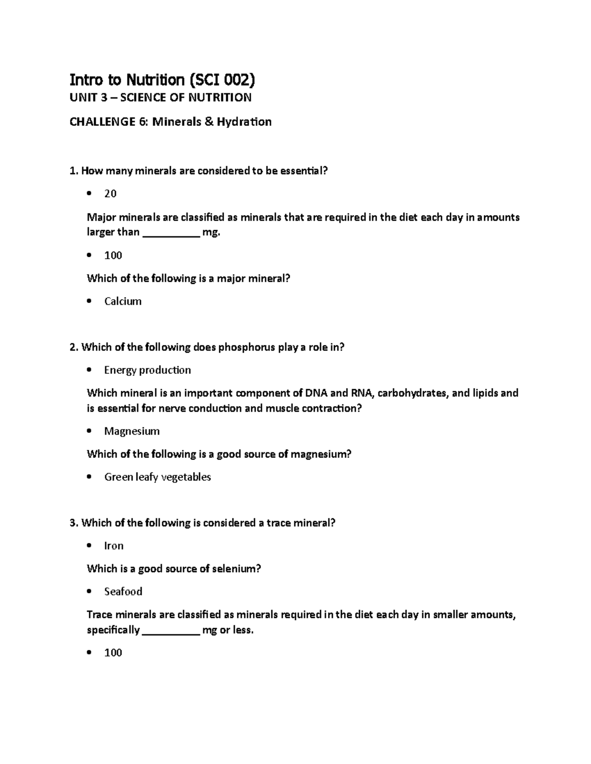 Unit 3 Challenge 6: Minerals & Hydration in Nutri-SCI 002 - Studocu