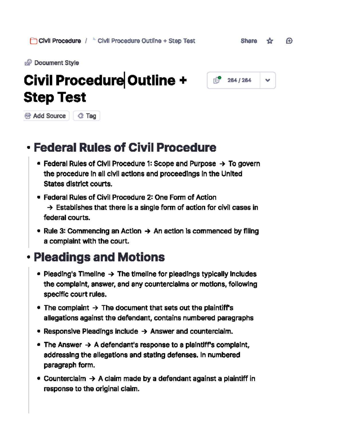 Civil Procedure Outline + Step Test - Federal Rules of Civil Procedure ...