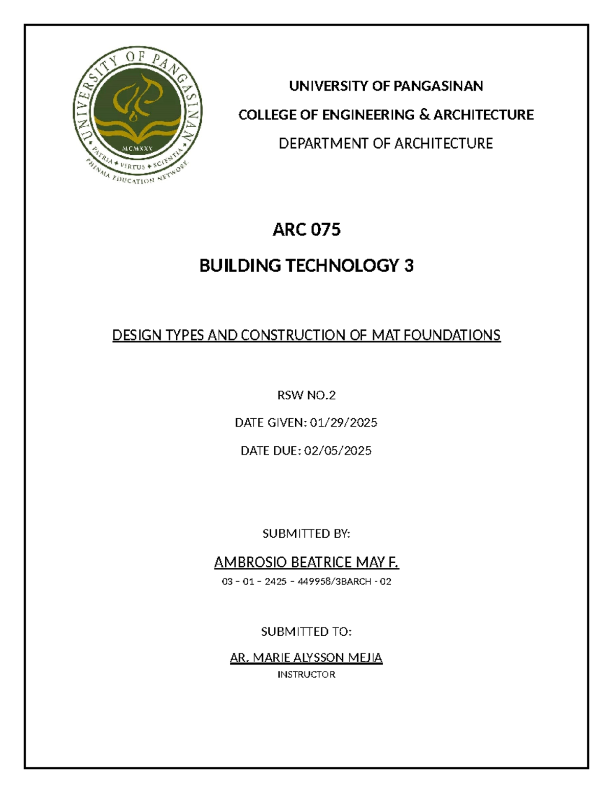 RSW NO.2 ARC 075 - Design Types & Construction of Mat Foundations - Studocu