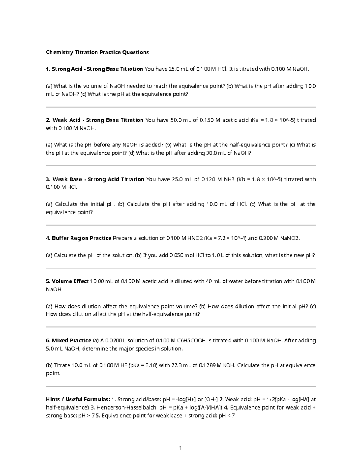 Chemistry Titration Practice Questions: Strong & Weak Acids/Bases - Studocu