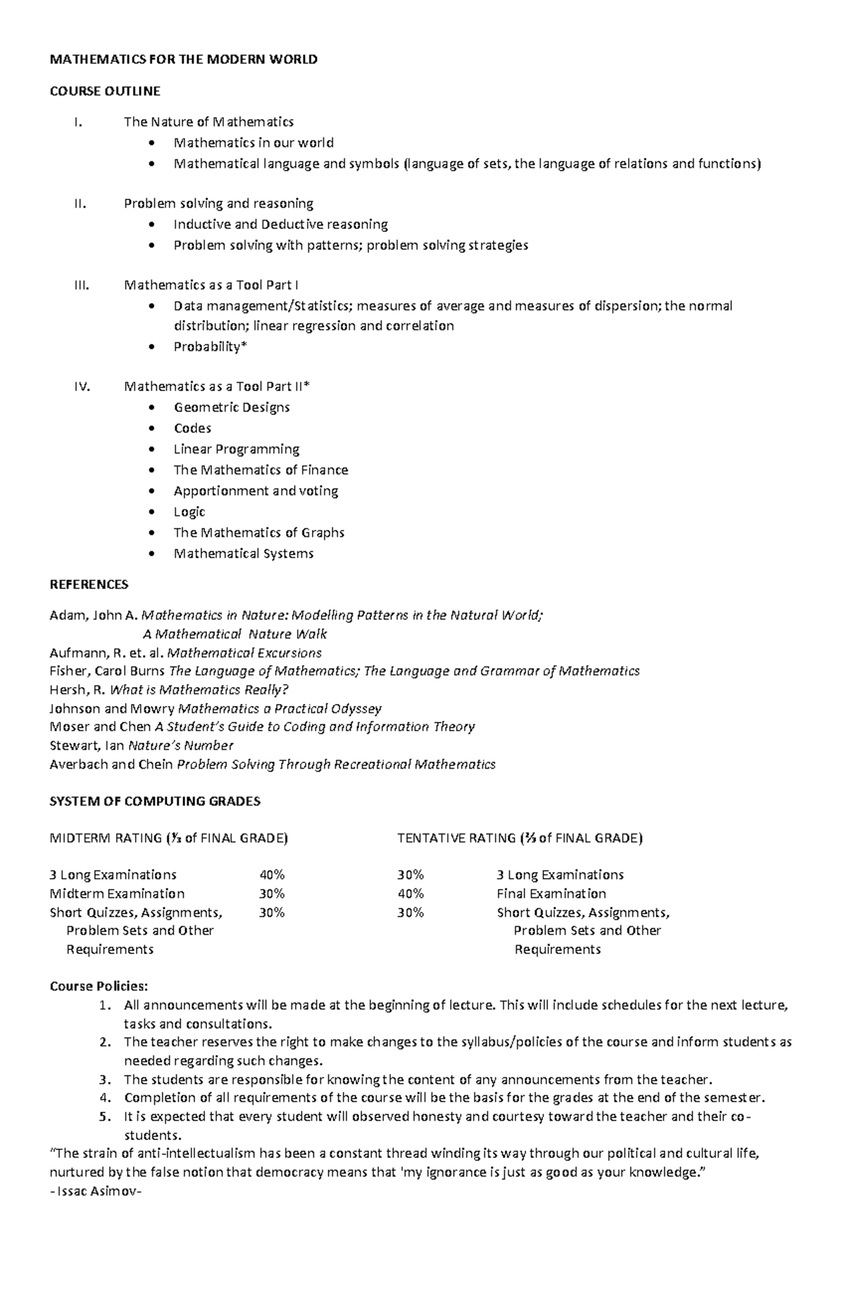 Course Outline Mathematics for the Modern World - MATHEMATICS FOR THE ...