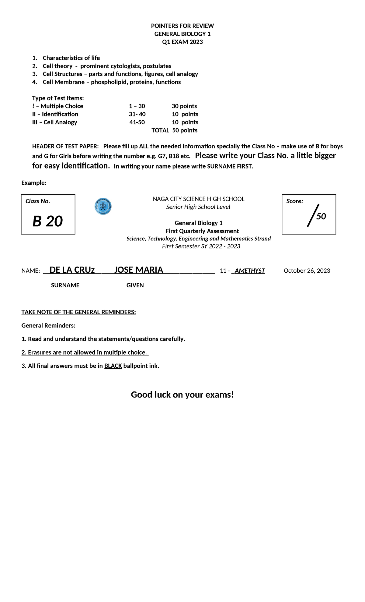 Q1 Exam Review: Key Points for General Biology 1 (GB101) - Studocu