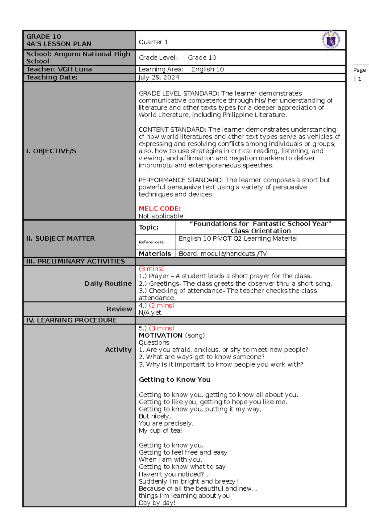 GRADE 10 ENGLISH 10 LESSON PLAN: Quarter 1 Orientation Activities - Studocu