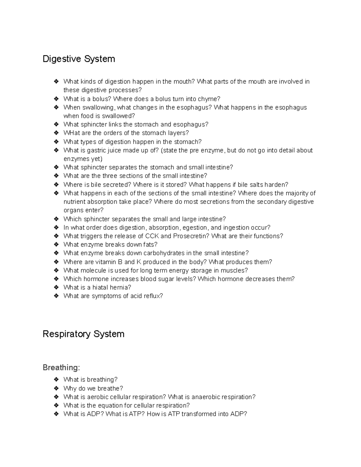 Human Systems Study Guide: Digestive, Respiratory, and Cardiac Systems ...