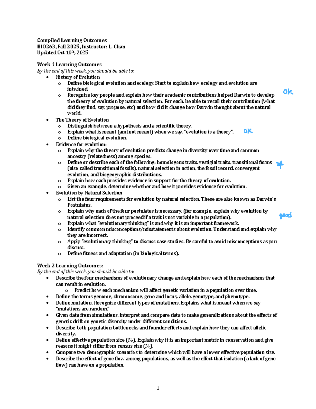 Learning Outcomes for BIO263: Evolutionary Biology, Fall 2025 - Studocu