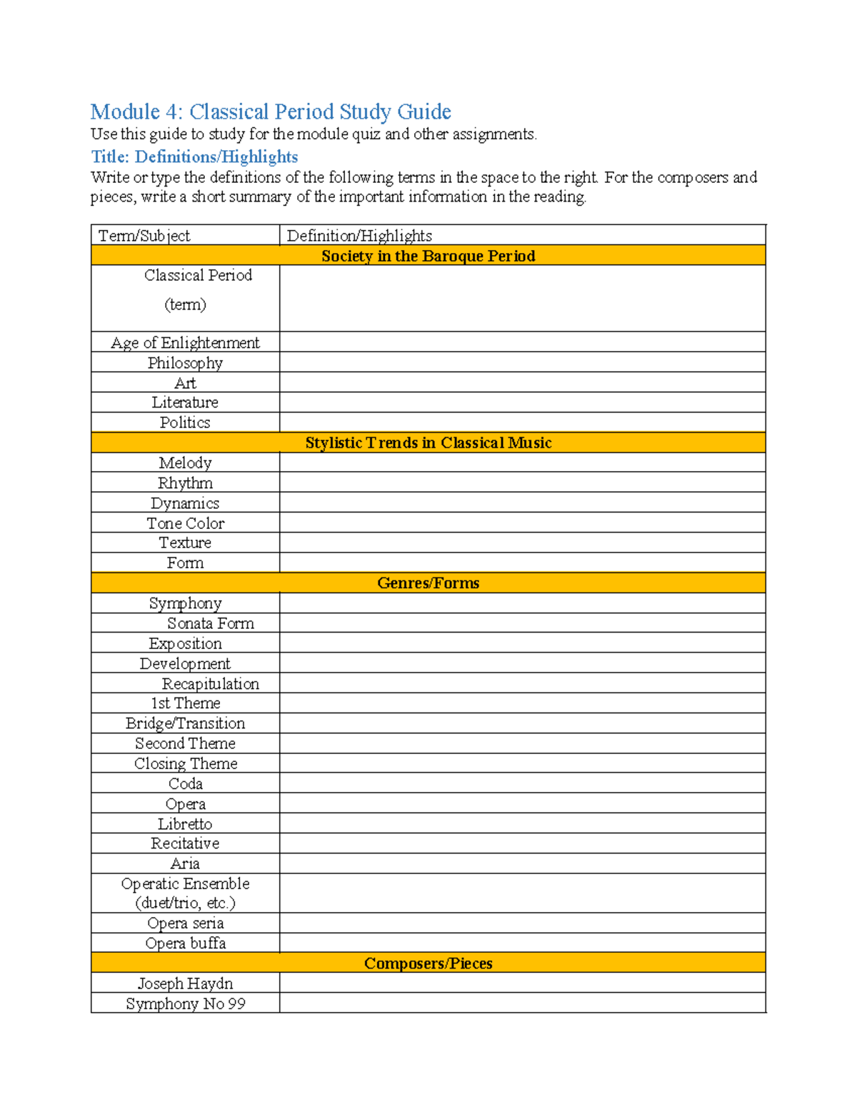 Module 4: Classical Period Quiz Study Guide and Key Terms - Studocu