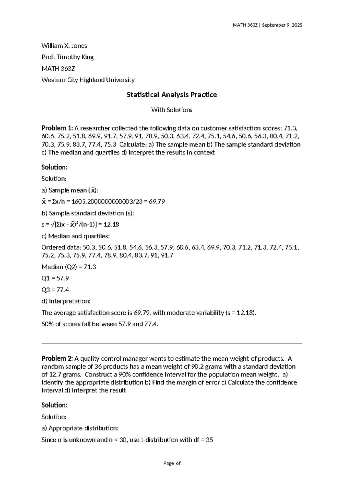 MATH 363Z Statistical Analysis Practice Problems with Solutions - Studocu