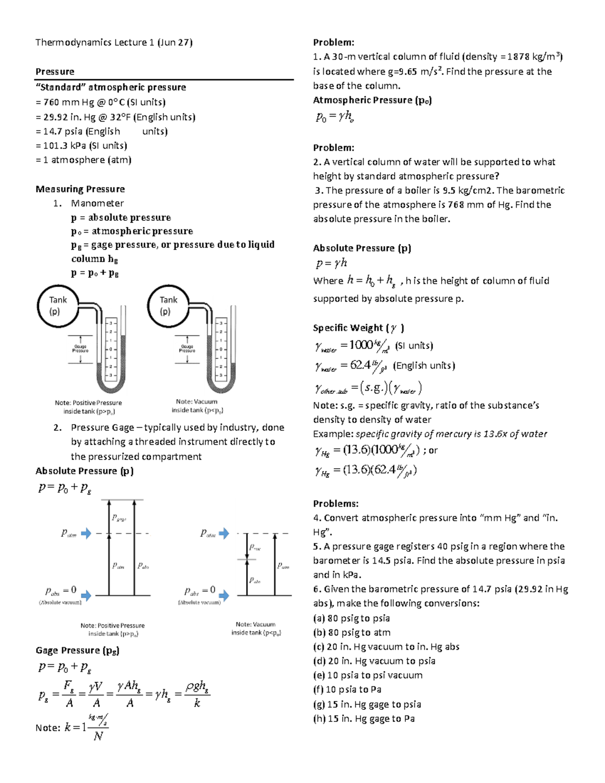 Thermodynamics-lecture-1 - Thermodynamics Lecture 1 (Jun 27) Pressure ...