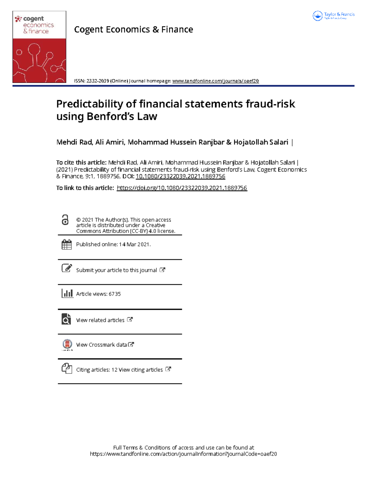 Predictability of Financial Statements Fraud-Risk Using Benford's Law ...