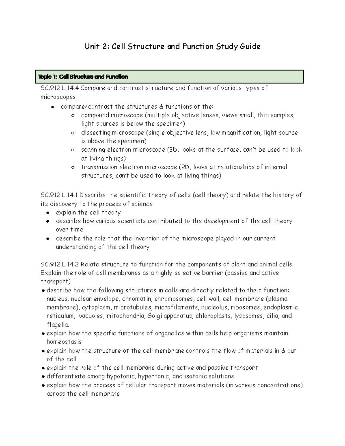 Unit 2: Cell Structure, Function & Biochemical Processes Study Guide SC ...