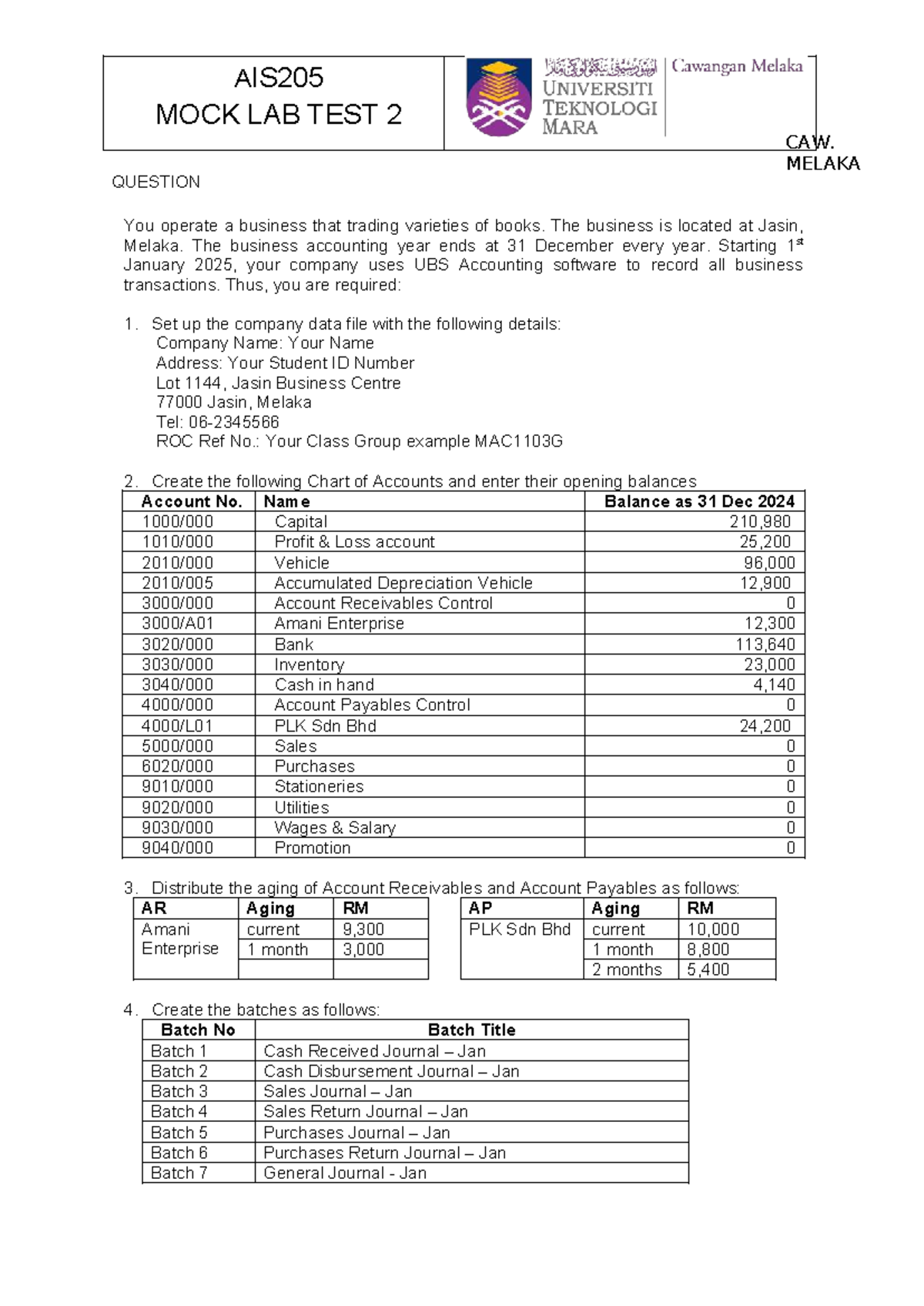 AIS205 MOCK LAB TEST 2 JAN 2026 ACCOUNTING SETUP - Studocu