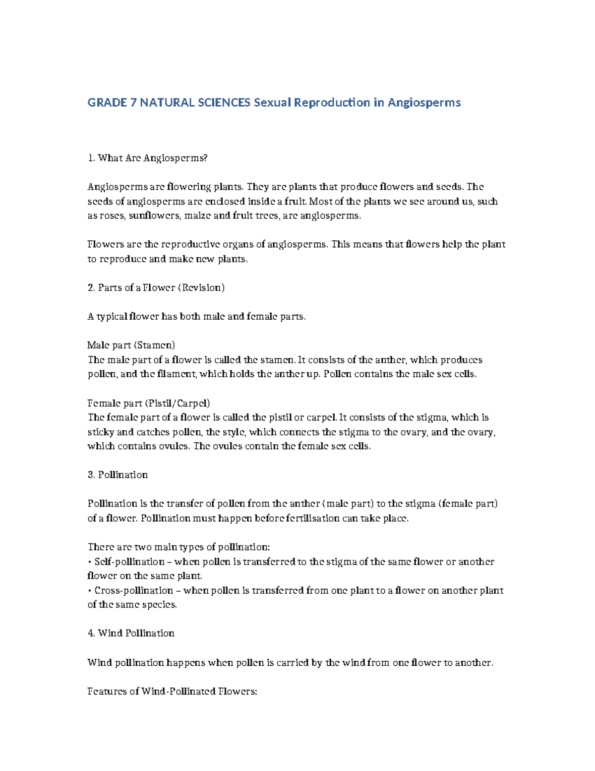 GRADE 7 NATURAL SCIENCES: Sexual Reproduction in Angiosperms Overview ...