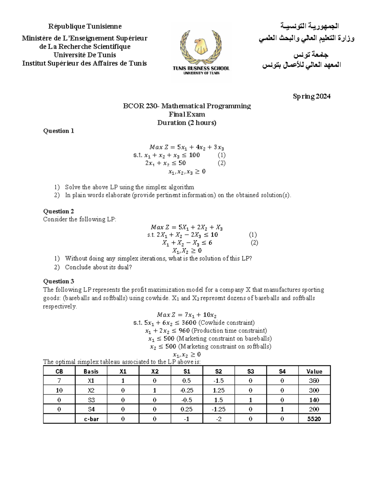 BCOR 2024 Mathematical Programming Final Exam Review and Solutions - Studocu