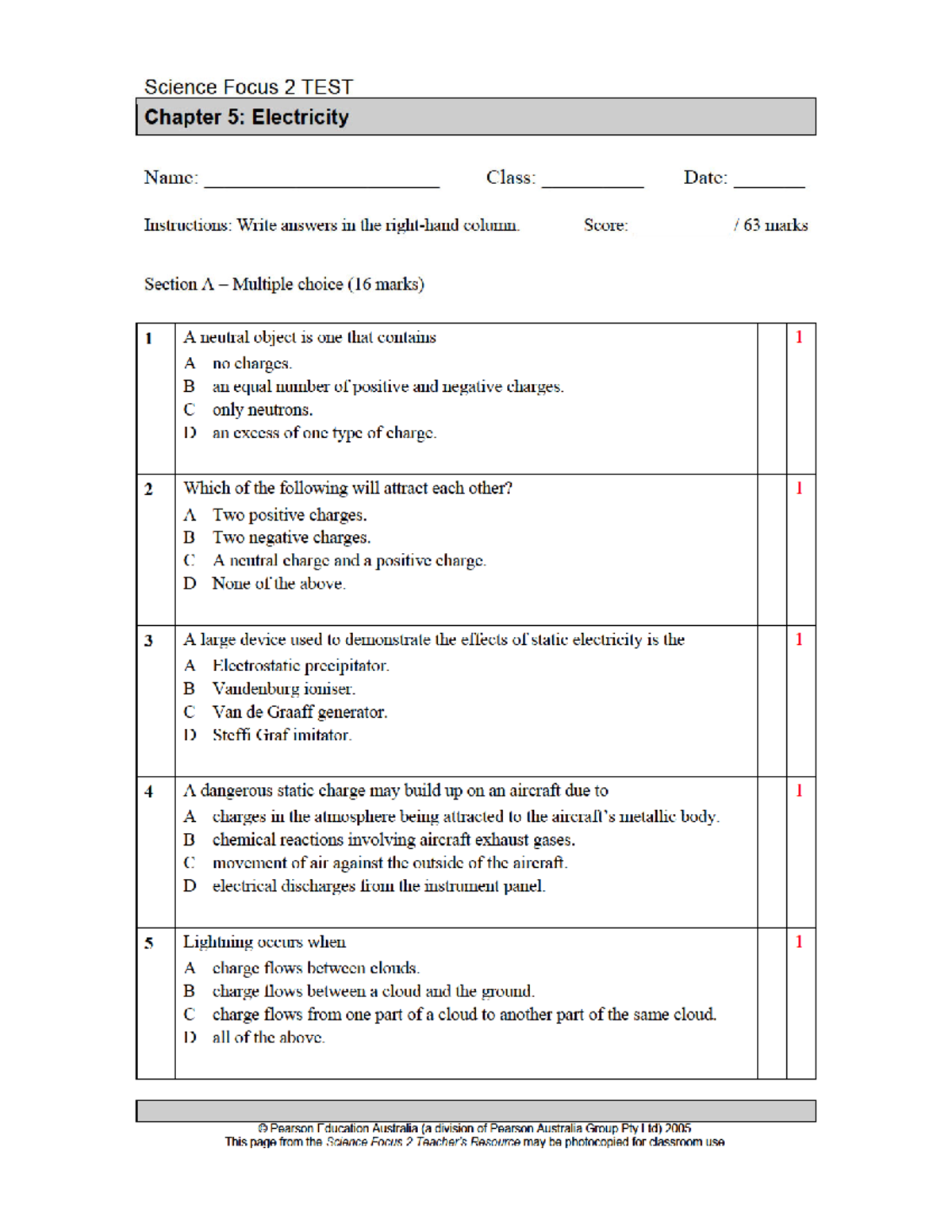 Science Focus 2 TEST: Chapter 5 - Electricity (Year 8) - Studocu