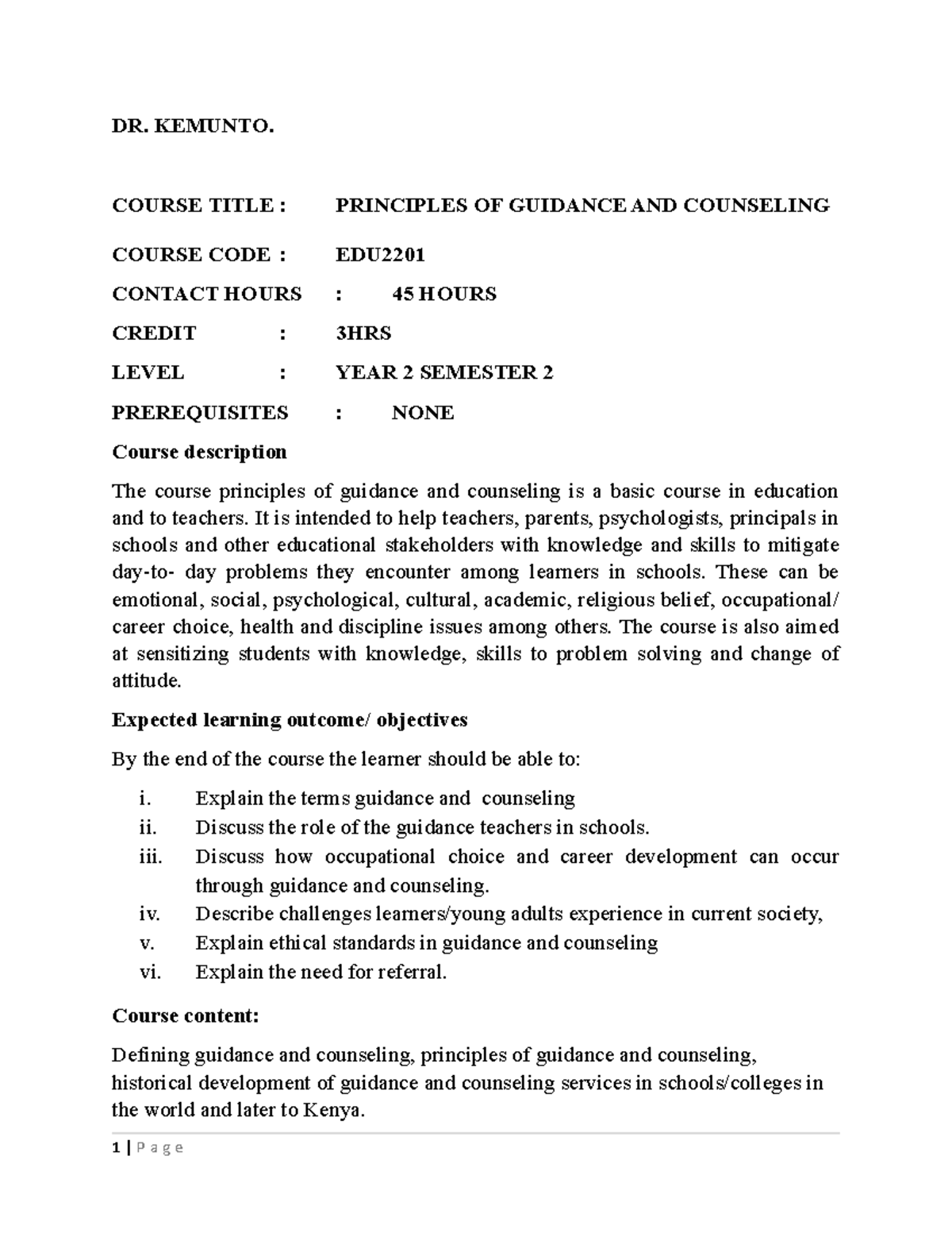 EDU Course: Principles of Guidance and Counseling - Outline & Notes ...