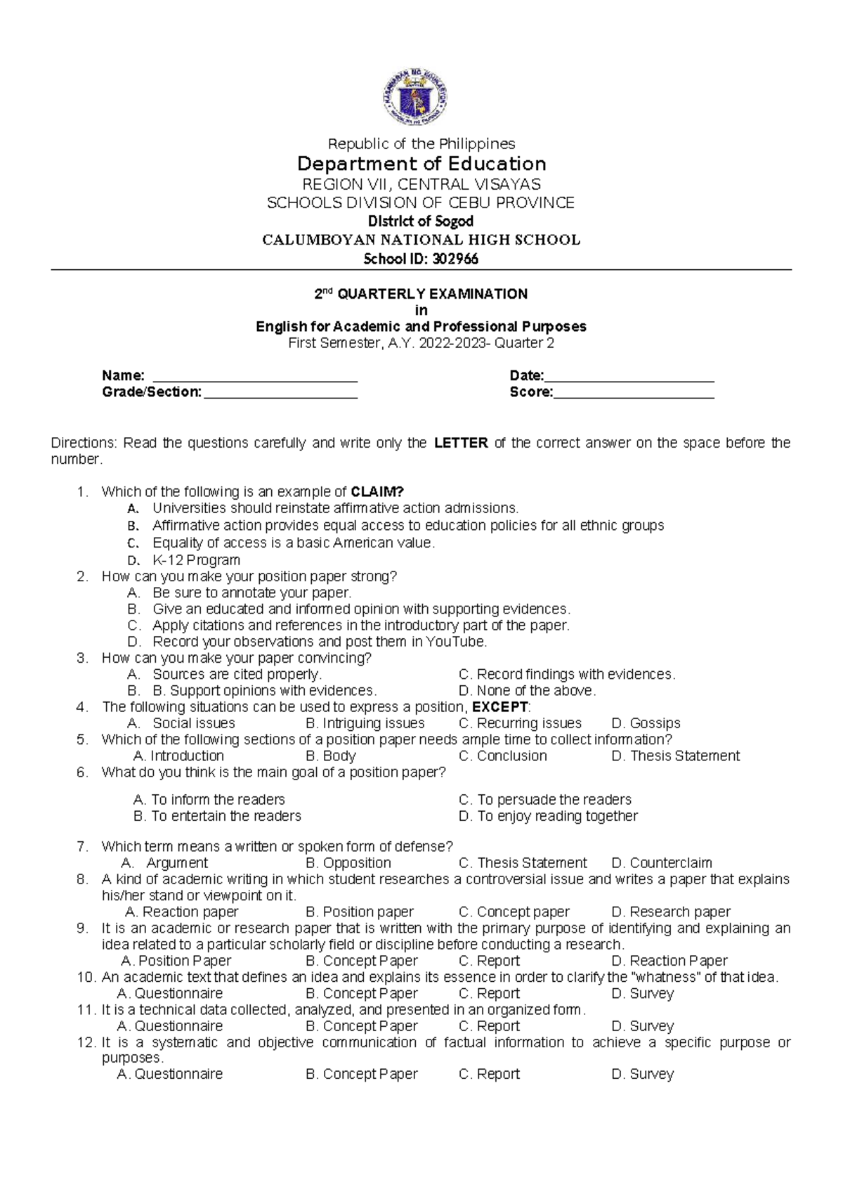 Mastery Test in English for Academic and Professional Purposes - Studocu