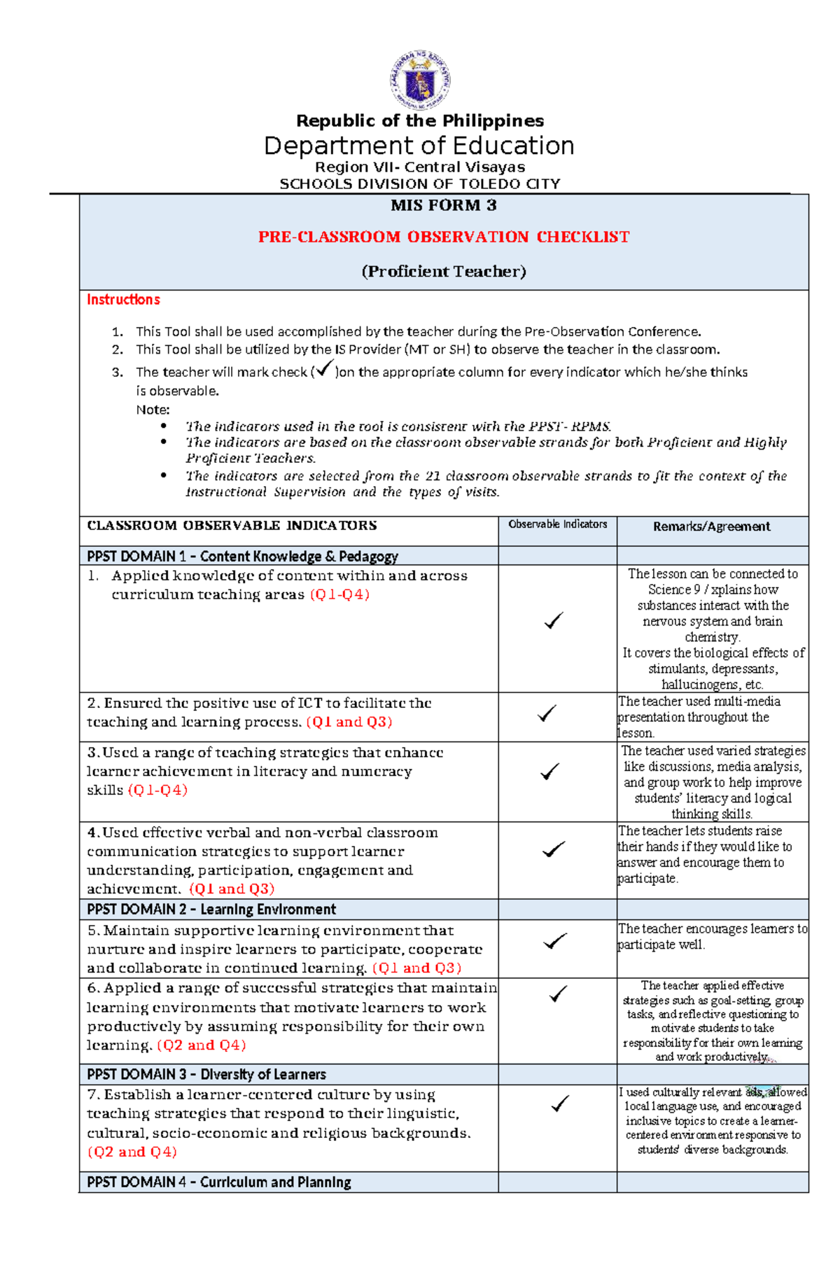 PRE-OB-Q2: Proficient Teacher Observation Checklist - Studocu