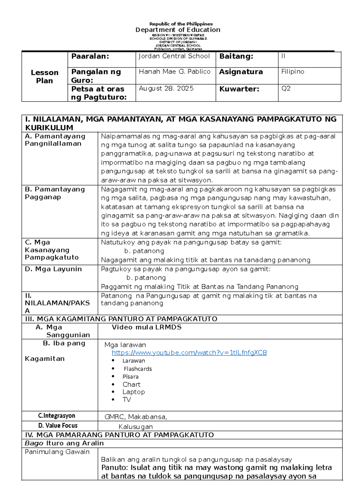 Filipino Lesson Plan Q2: Patanong na Pangungusap - Jordan Central ...