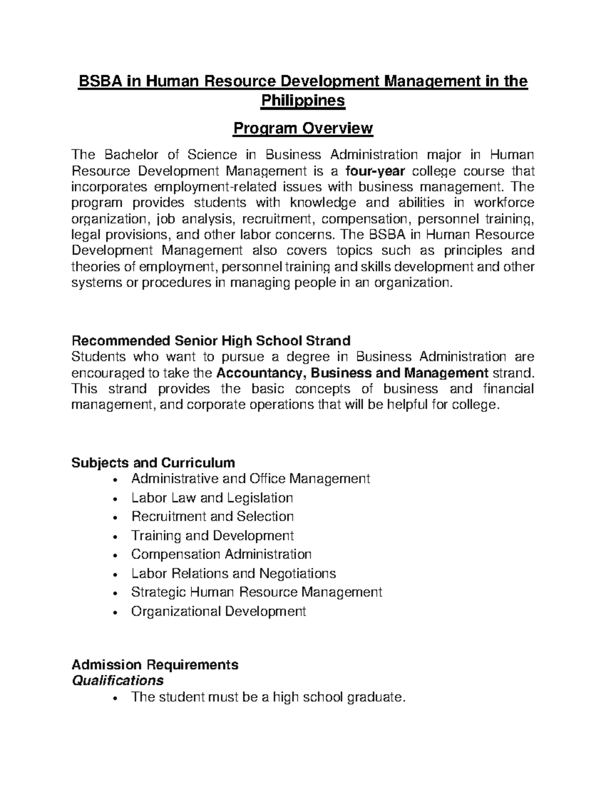 BSBA in Human Resource Development Management in the Philippines - BSBA ...