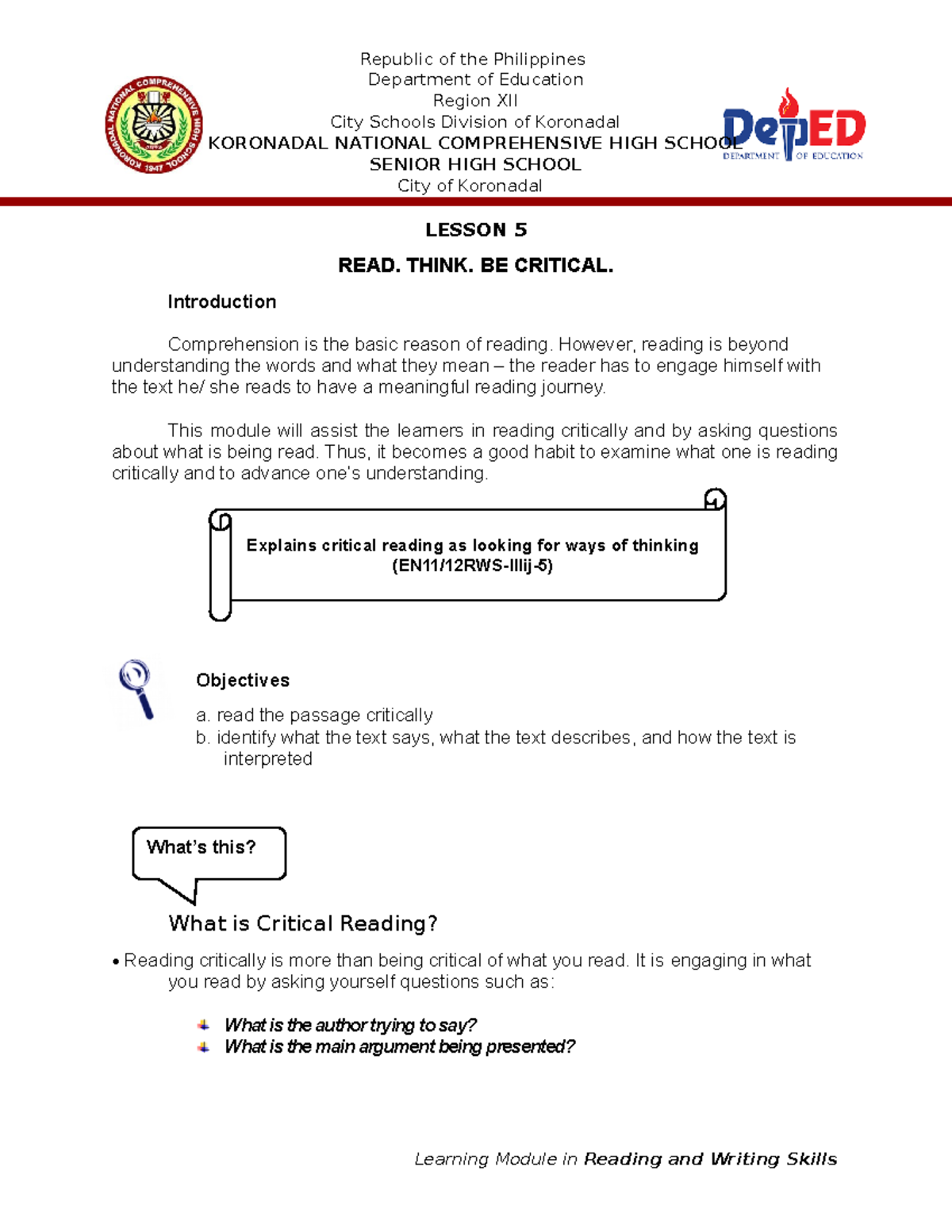 Lesson 05: Developing Critical Reading & Writing Skills (EN11/12RWS ...