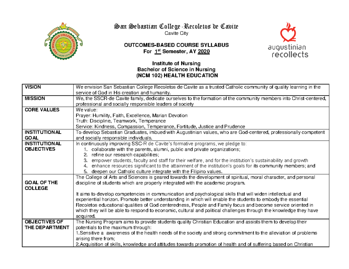 NCM 102 Health Education Course Syllabus - 1st Semester AY 2020 - Studocu