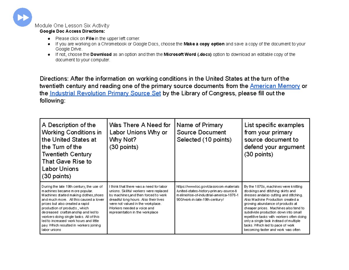 Module One Lesson Six Activity: Working Conditions & Labor Unions - Studocu