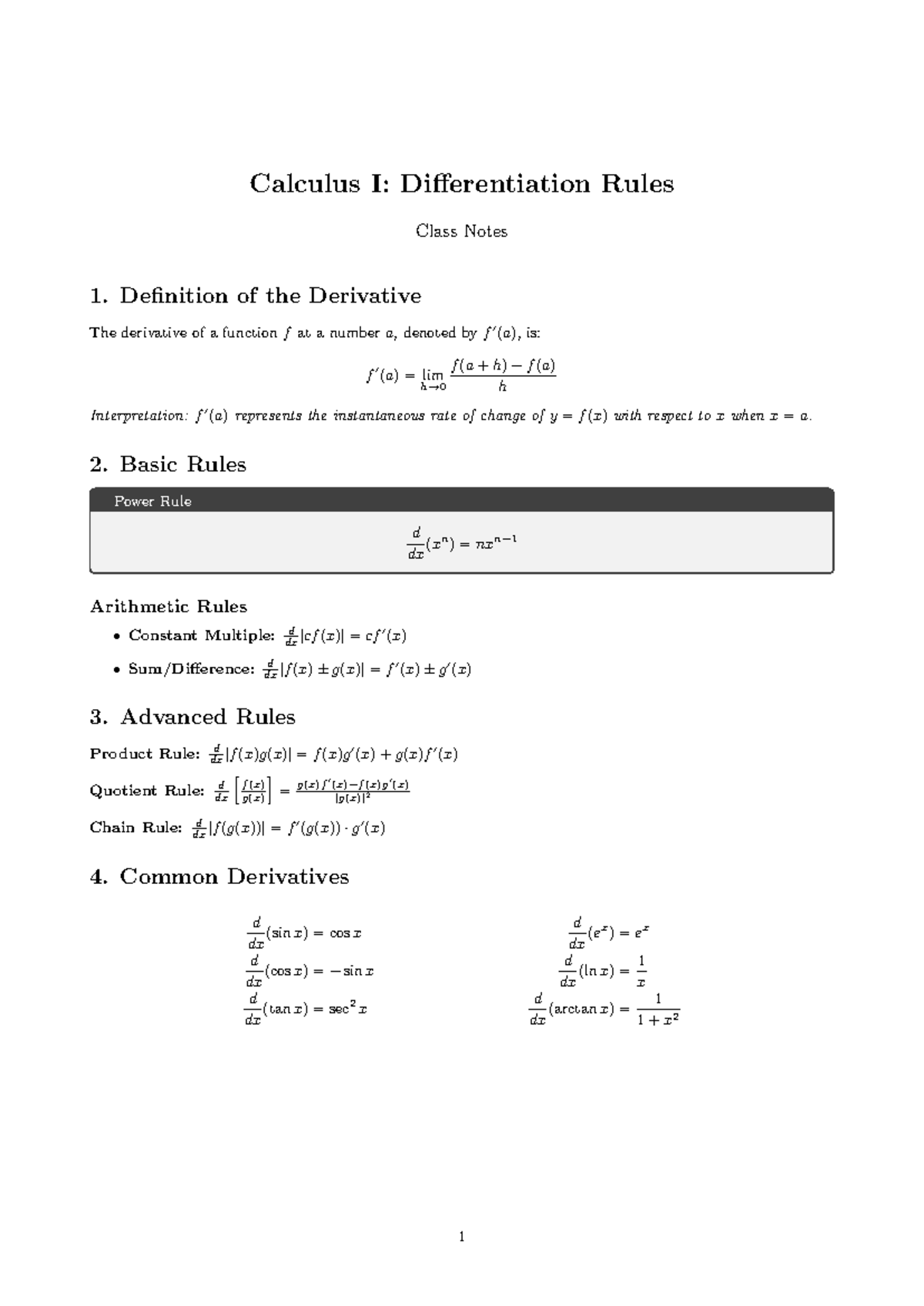 Calculus I: Differentiation Rules Class Notes - Studocu