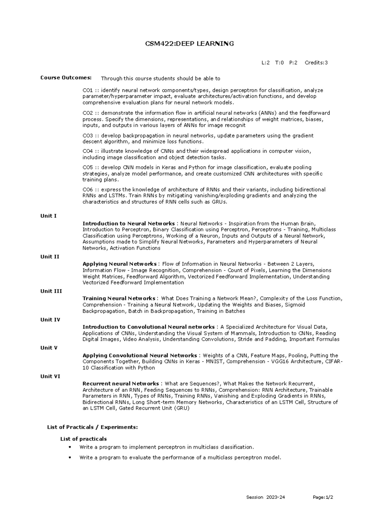CSM422: Deep Learning Course Syllabus and Outcomes Overview - Studocu