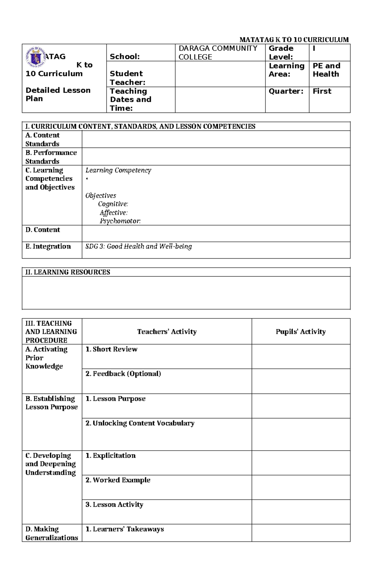 MATATAG K to 10 Curriculum: Detailed Lesson Plan for Grade I - Studocu