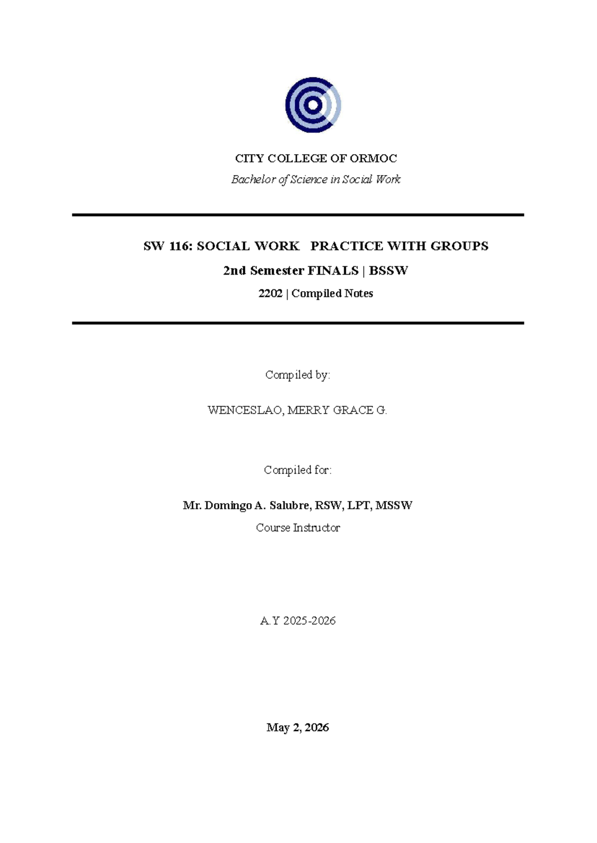 SW 116: Social Work Practice with Groups - 2nd Sem Finals Notes - Studocu