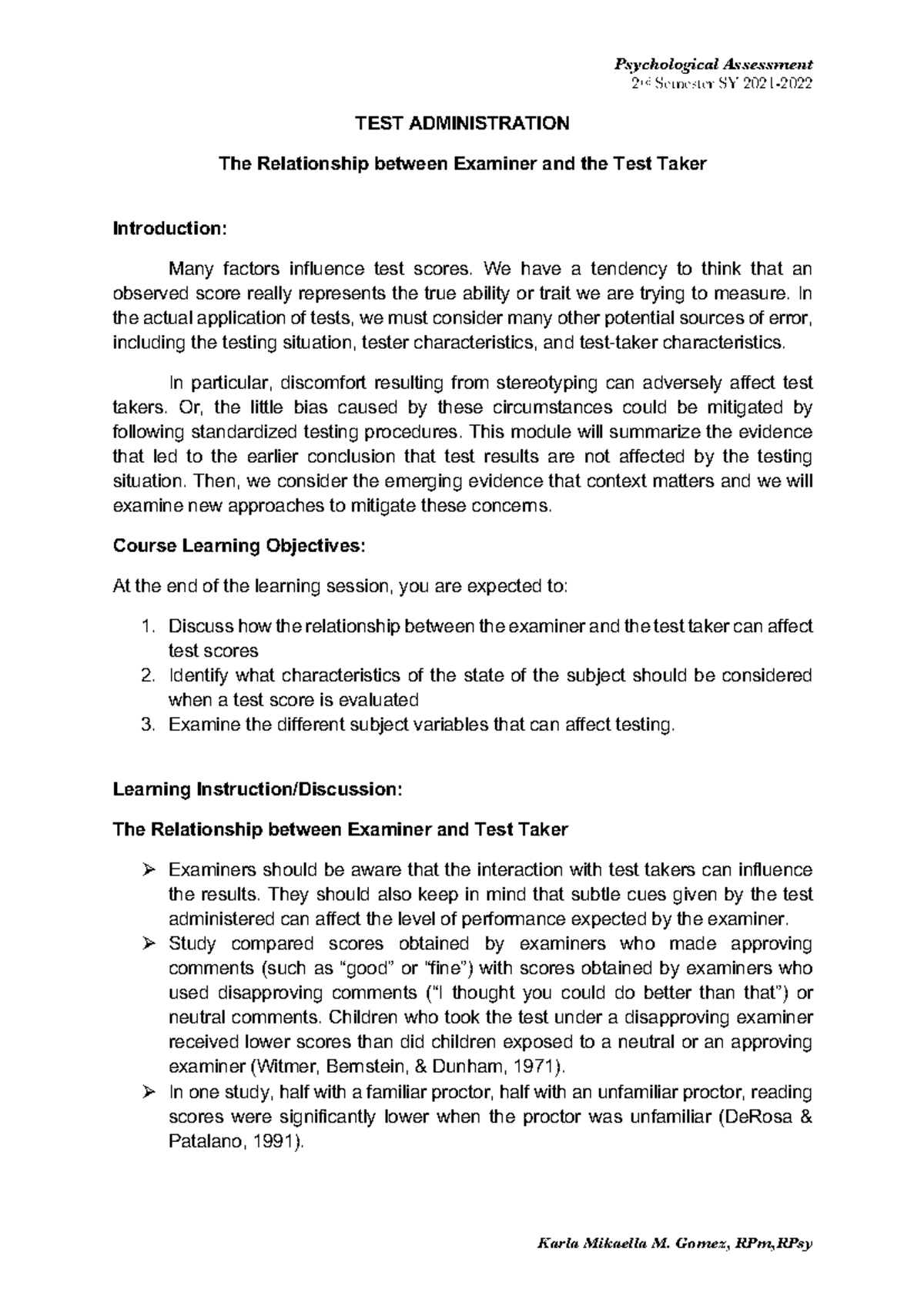 Psycho 101 Lecture: Understanding Test Administration Factors - Studocu