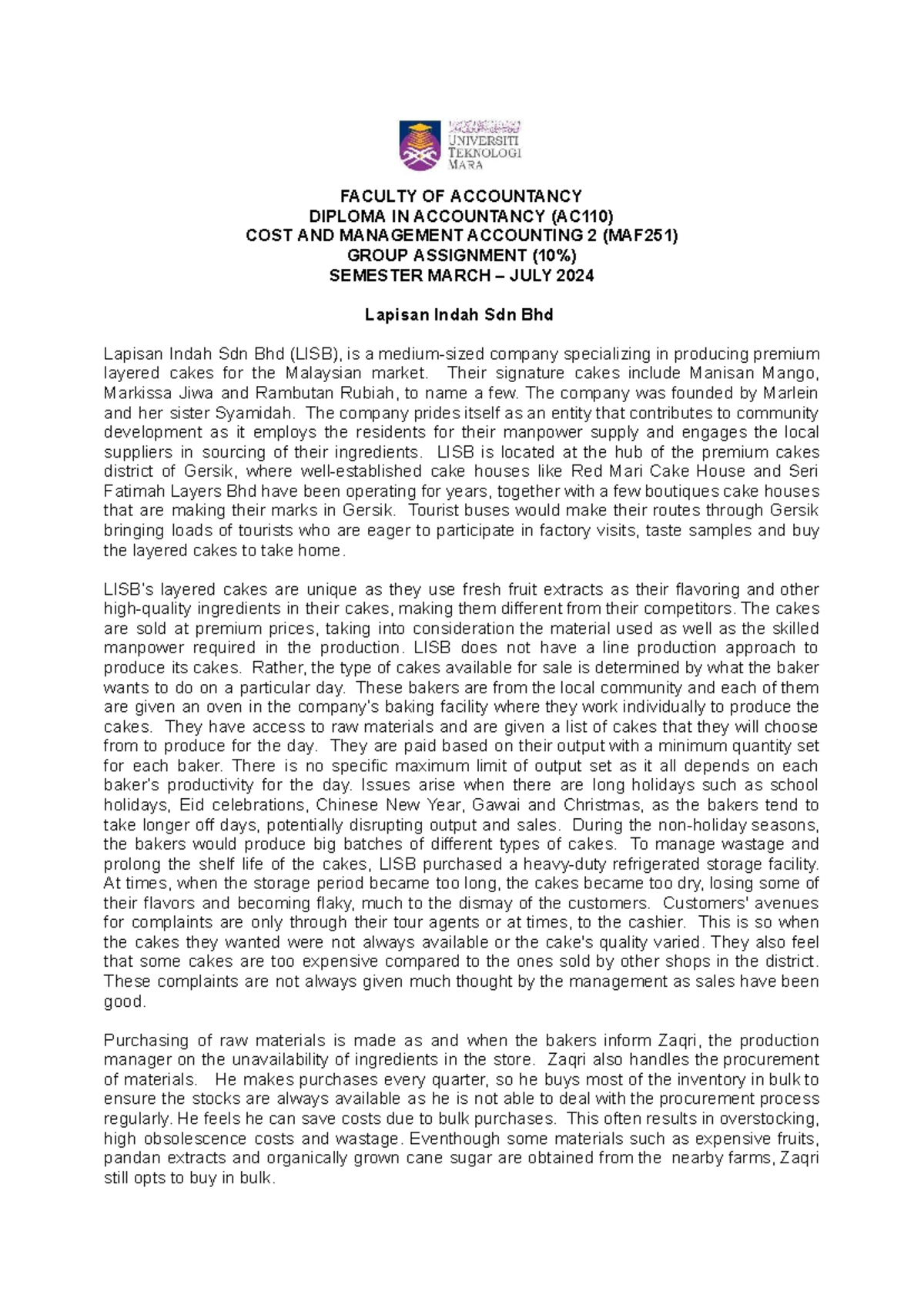 MAF251 Group Assignment: Cost & Management Accounting Case Study 2024 ...