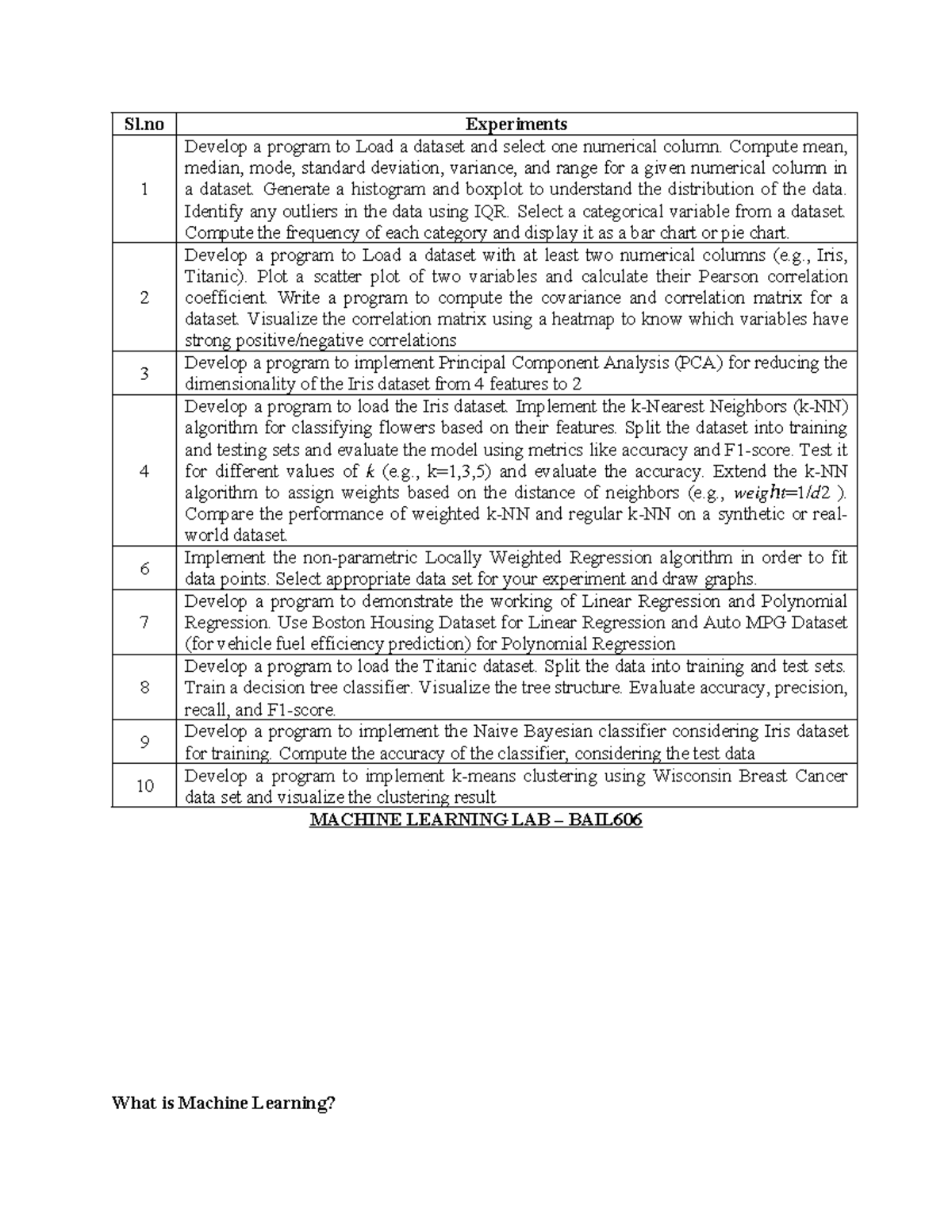 Machine Learning Lab BAIL606: Experiments and Algorithms - Studocu