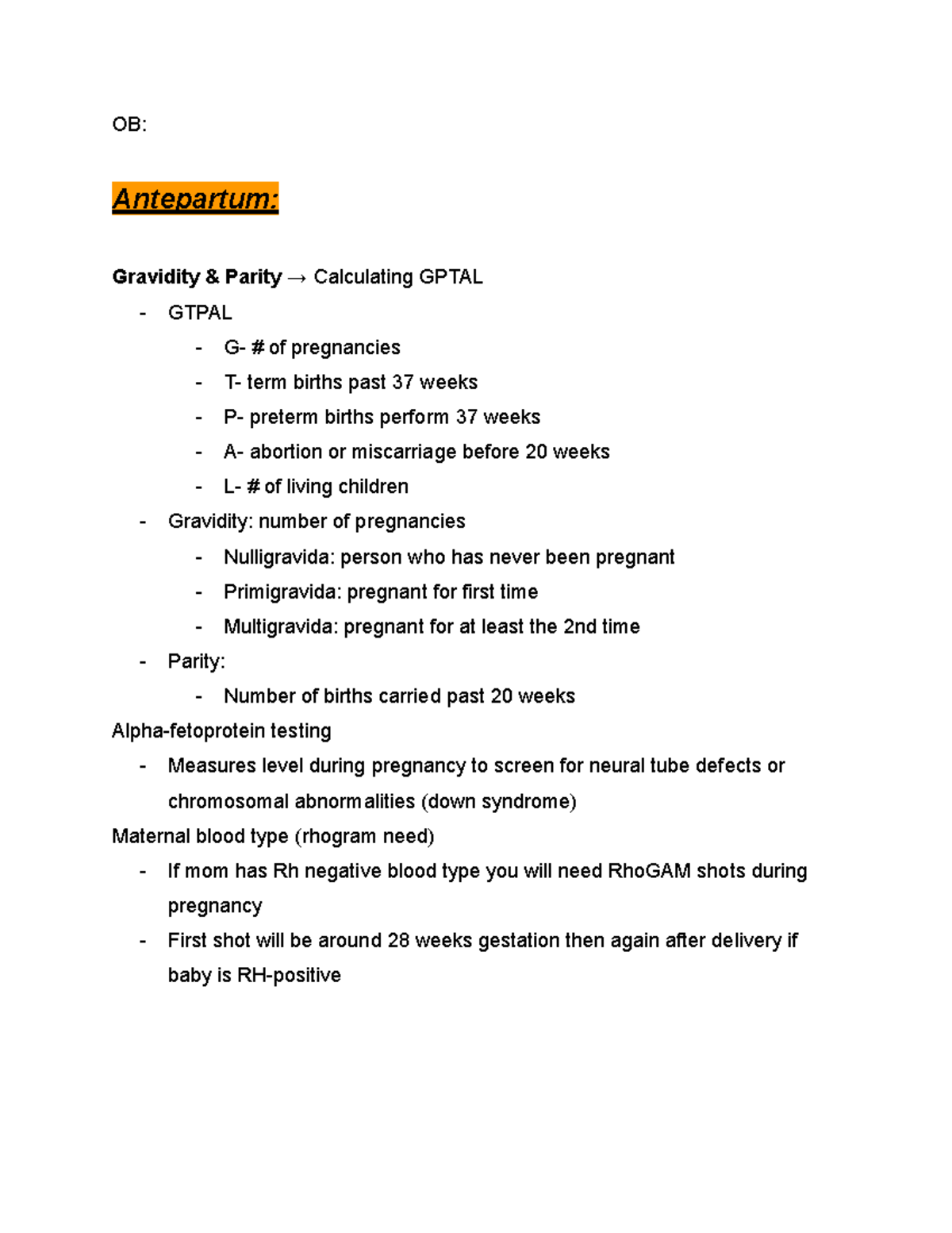 OB: Maternity & Pediatric Study Guide on Antepartum Care and ...