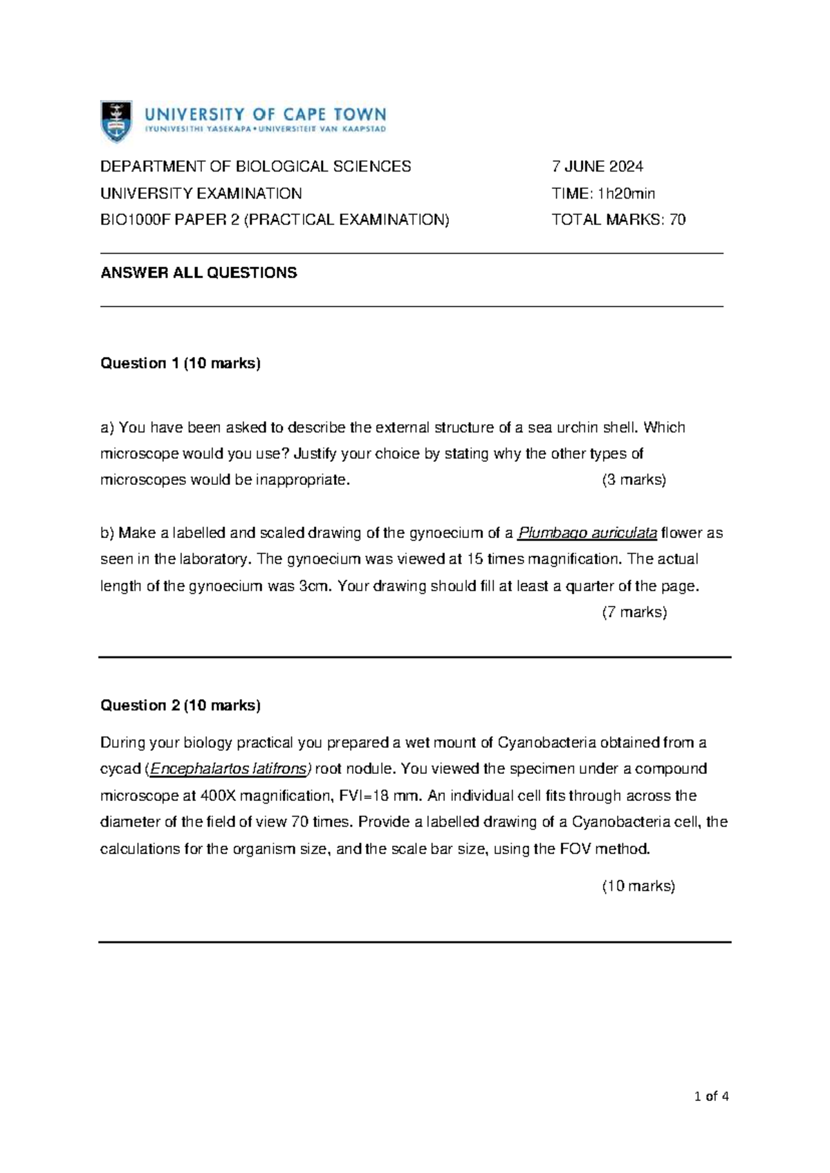 BIO1000 F Practical Exam 2024: Sea Urchin & Plant Studies - Studocu