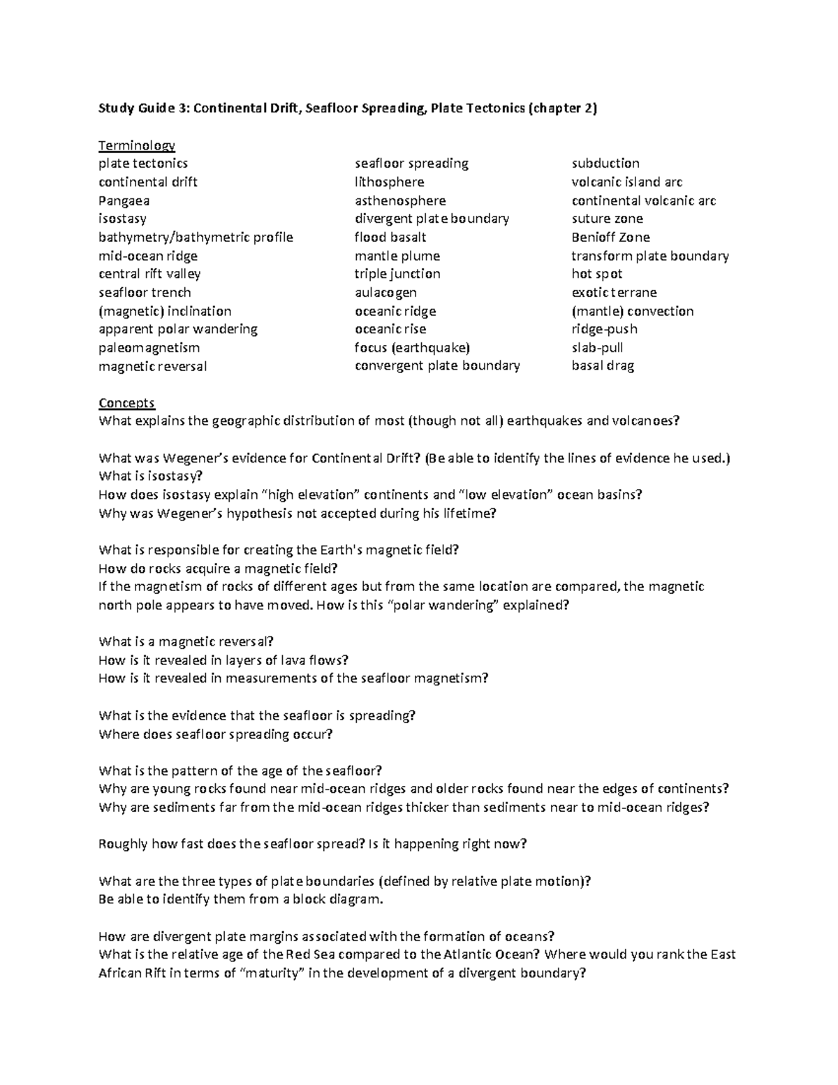 Study Guide 3: Continental Drift, Seafloor Spreading & Plate Tectonics ...