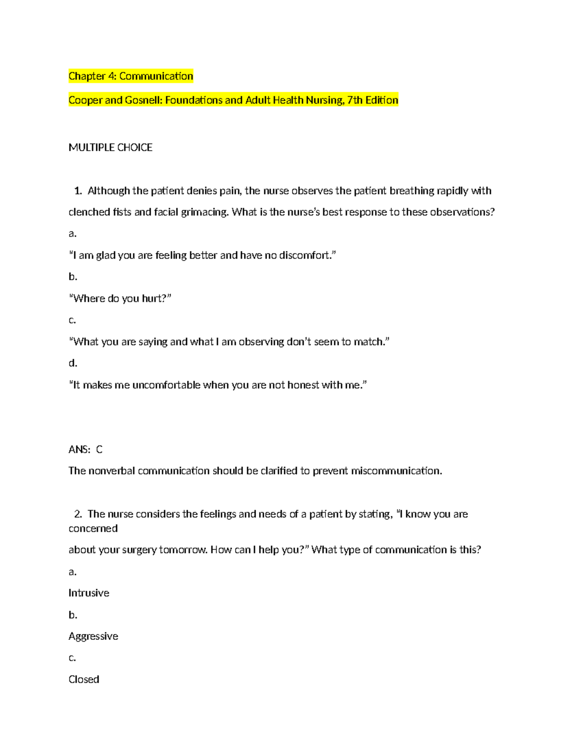Chapter 5: Nursing Process & Critical Thinking - Exam Review Questions - Studocu