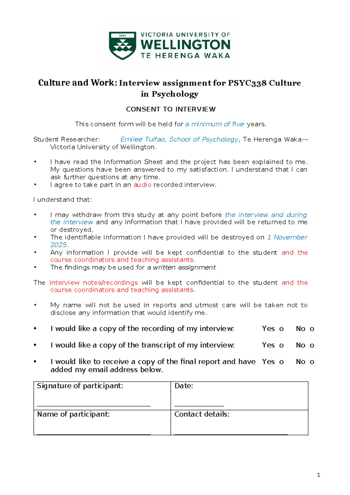 Culture and Work Interview Consent Form for PSYC338 2025 - Studocu